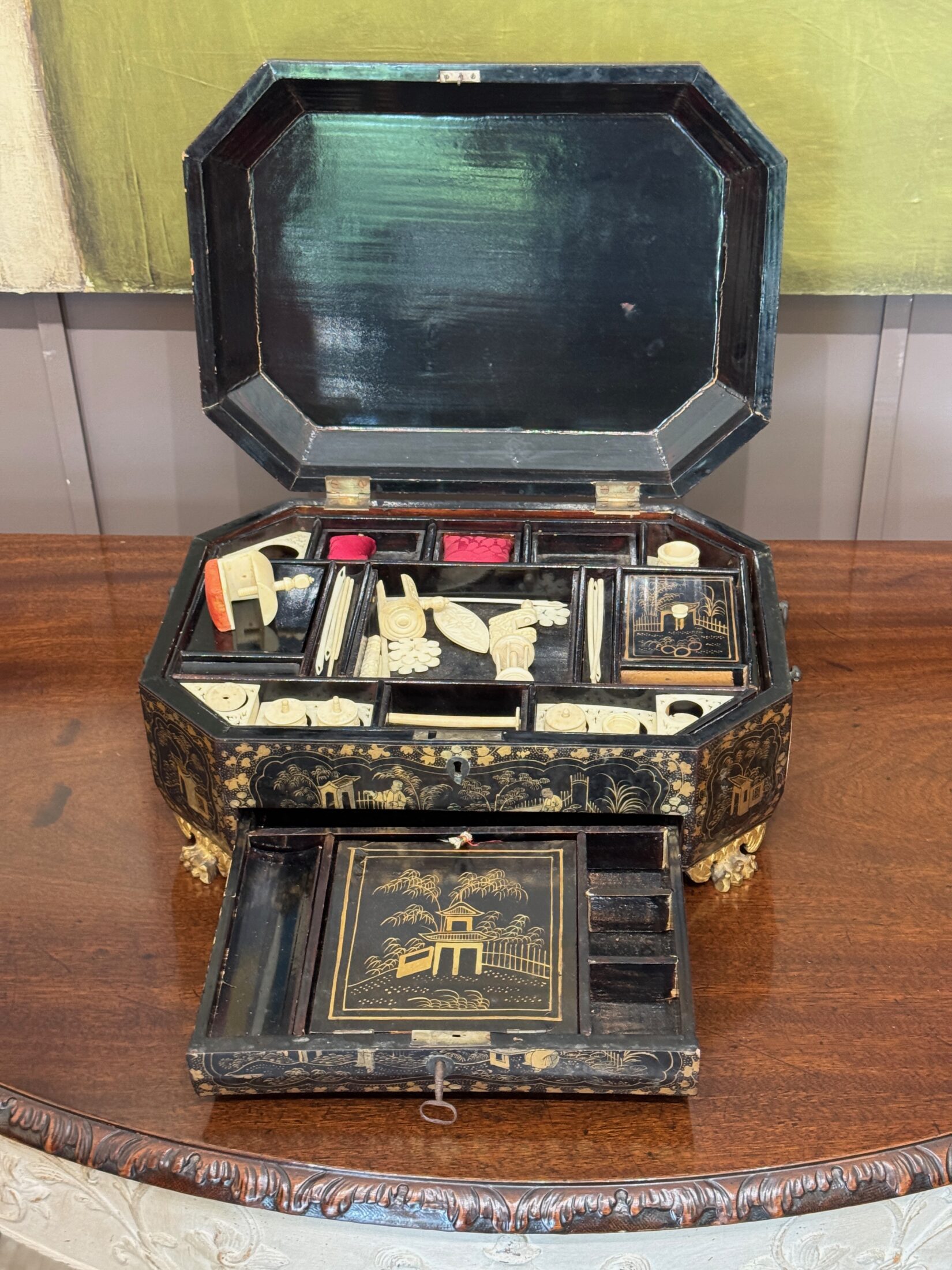 Early 19th Century Chinese Export Lacquer Sewing Box with Original ...